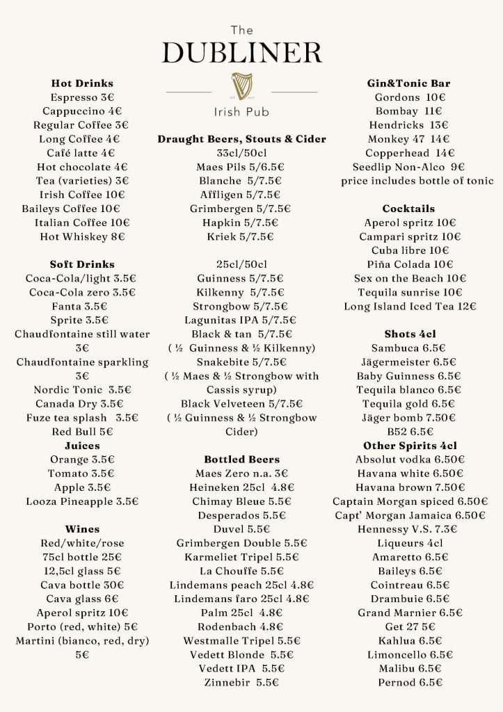 Menu | Dubliner Irish Pub Brussels