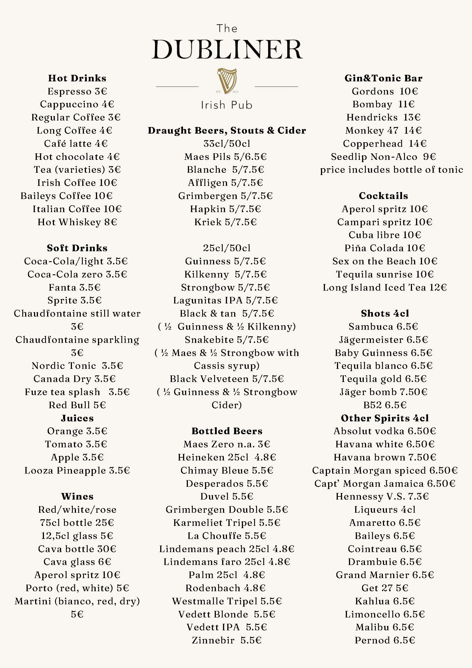 Menu | Dubliner Irish Pub Brussels