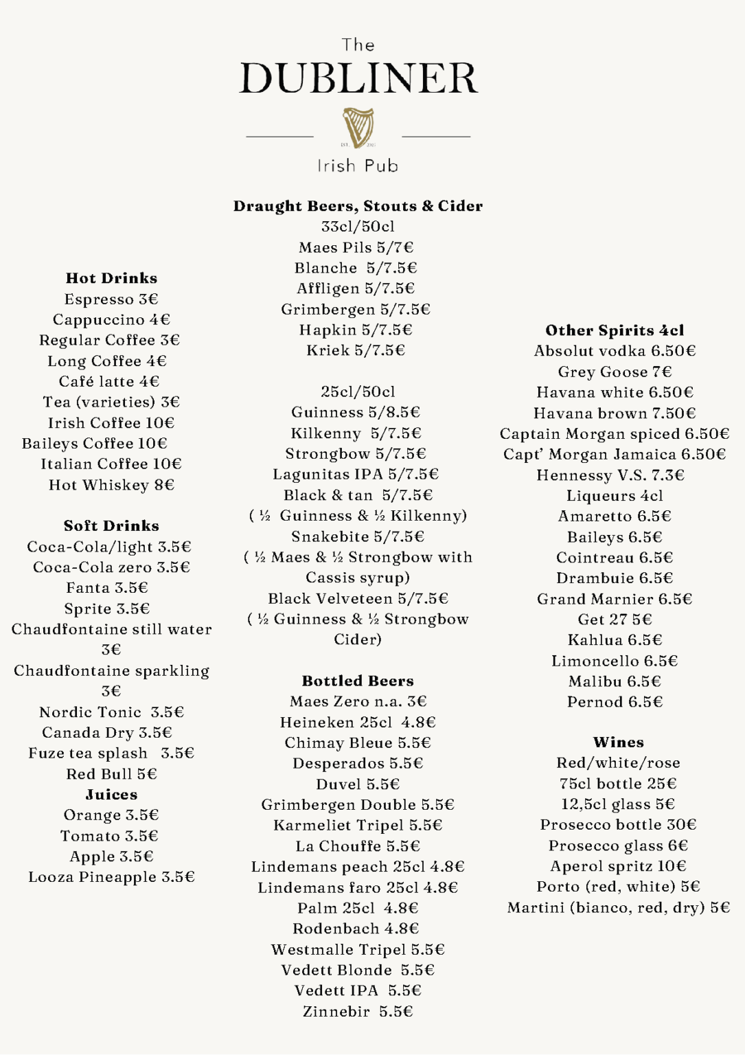 Menu | Dubliner Irish Pub Brussels