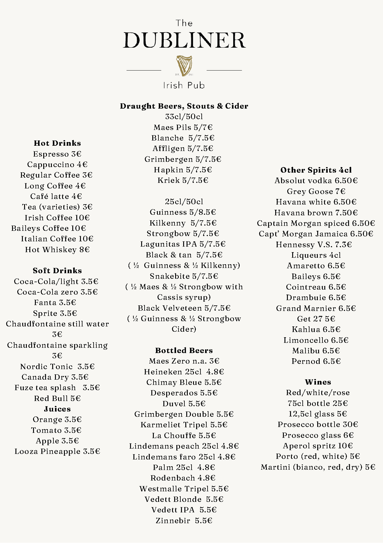 Menu | Dubliner Irish Pub Brussels