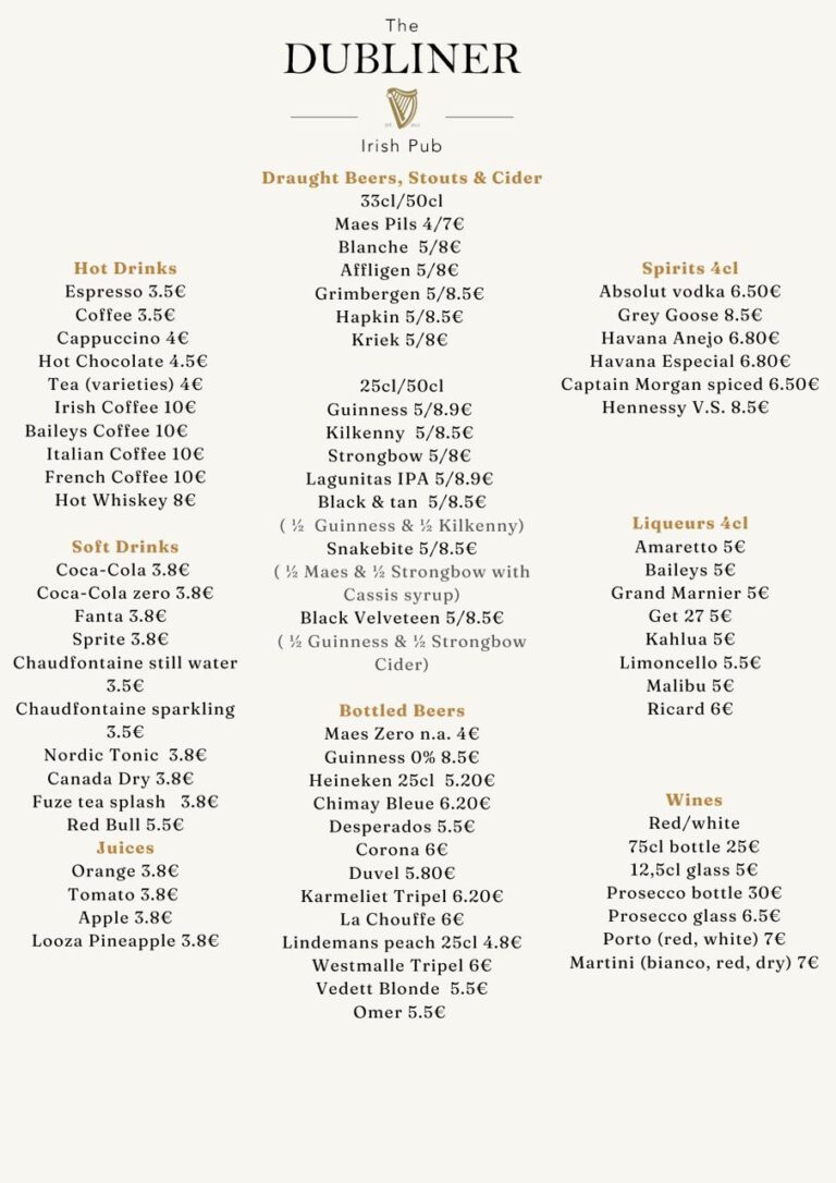 Menu | Dubliner Irish Pub Brussels